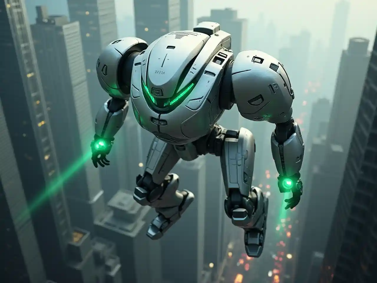 A Futuristic Silver Mecha Soaring Over Skyscrapers
