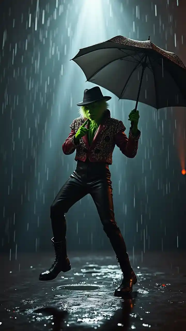 A Hyper Realistic Christmas Grinch on a Dramatically Lit Stage