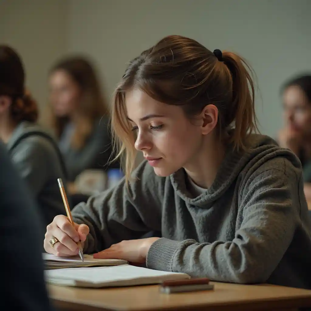 Writing Notes in a Classroom with Blurred Background