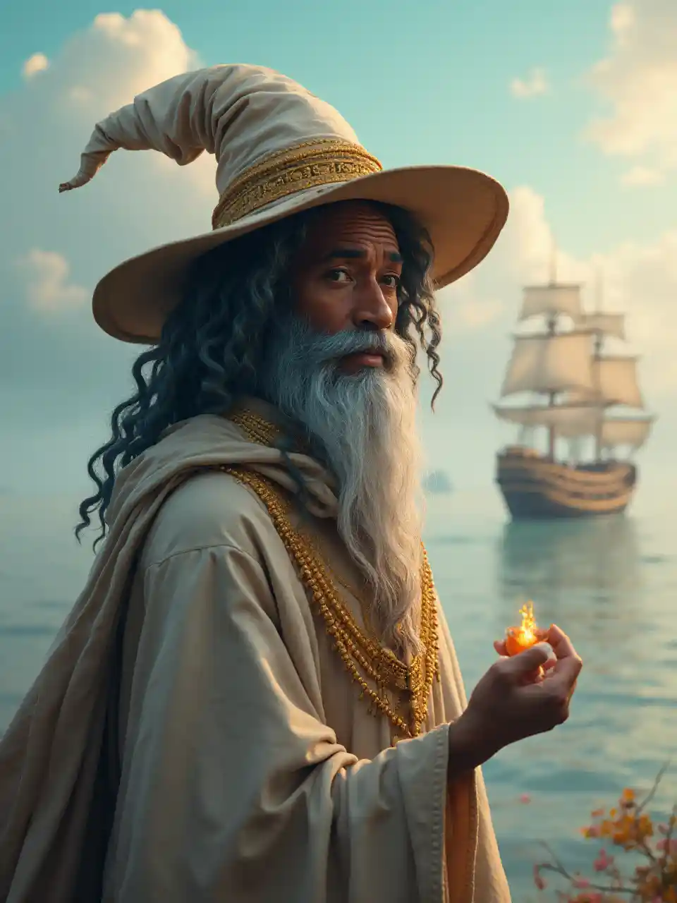 Enchanting Portrait of a Mystical African Wizard in Pastel Hues