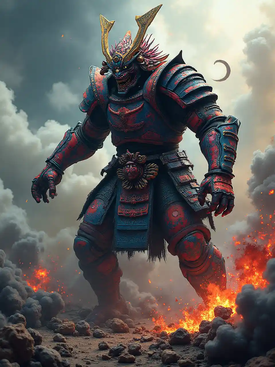 Dynamic Motion of a Grotesque Samurai Behemoth in Vivid Artistry