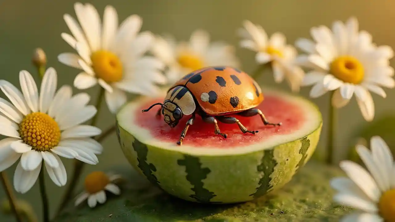 The Golden Ladybug on Watermelon Surrounded by Daisies