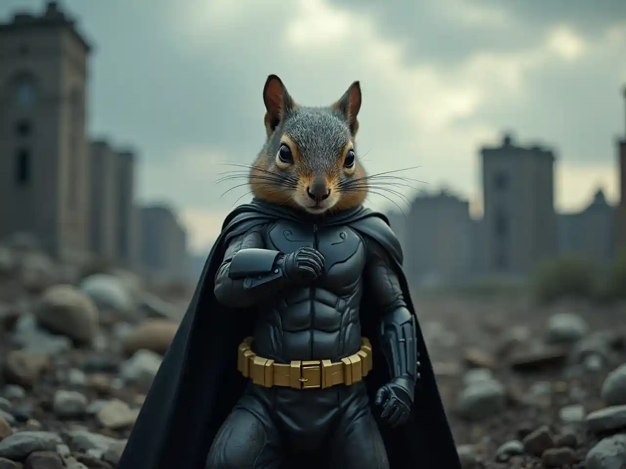 A Heroic Squirrel in a Batman Costume Amidst Ruins