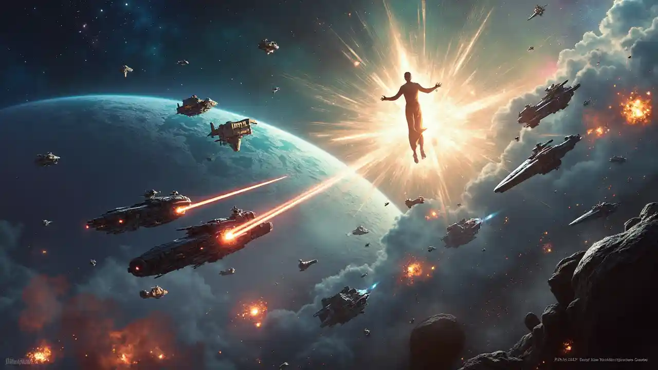 A Hyper-Realistic Space Battlefield with Epic Clashes and Cosmic Peace