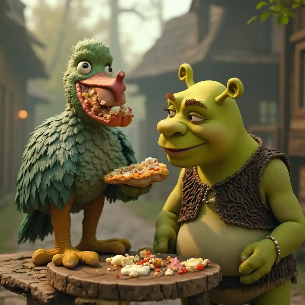 Dodo Bird and Shrek Enjoying a Hyperrealistic Big Mac Together