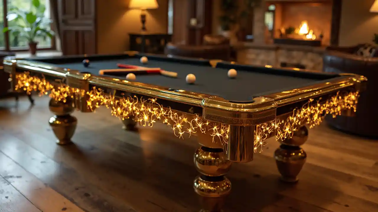 Elegant Gold Pool Table with Flames and Accessories