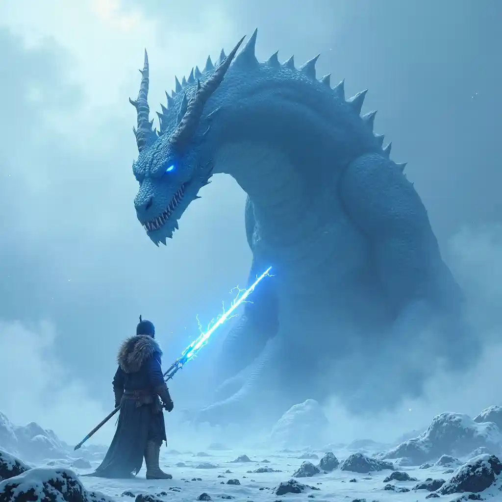 Epic Confrontation Between Warrior and Colossal Blue Dragon