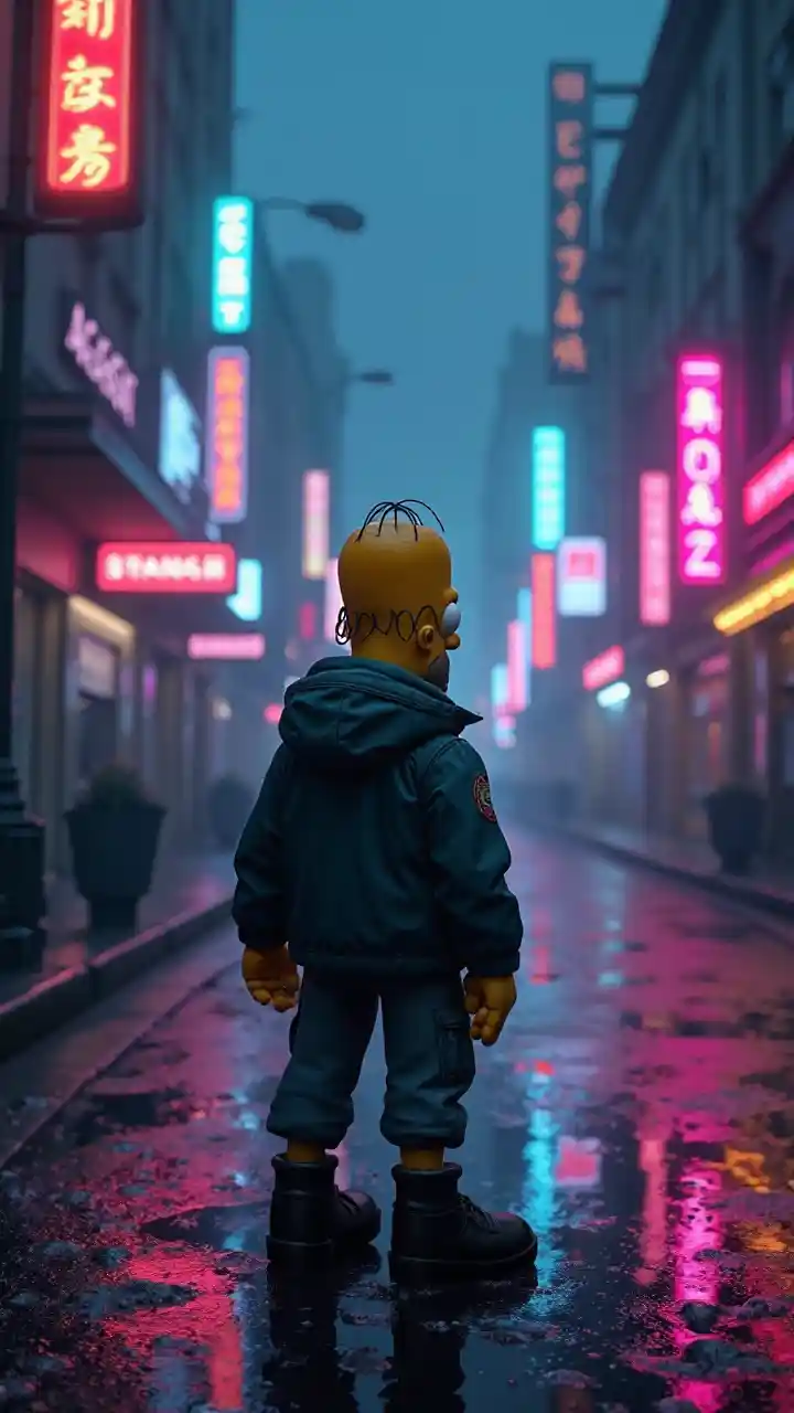 A Dystopian Night: Homer Simpson in Hyper-Realistic 3D