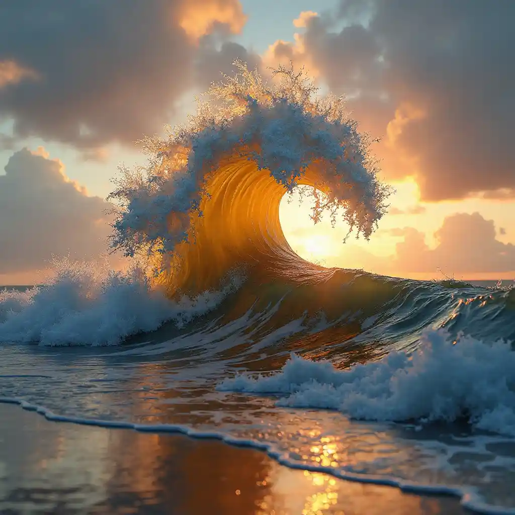 Golden Water Wave Transforming into Dragonhead Sculpture