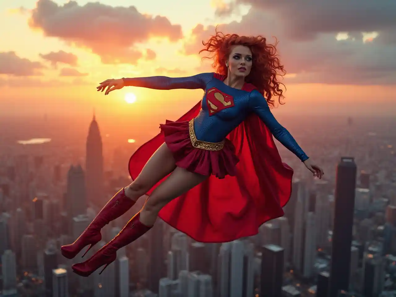 A Superman Drag Queen Bodybuilder Soaring Above the Cityscape