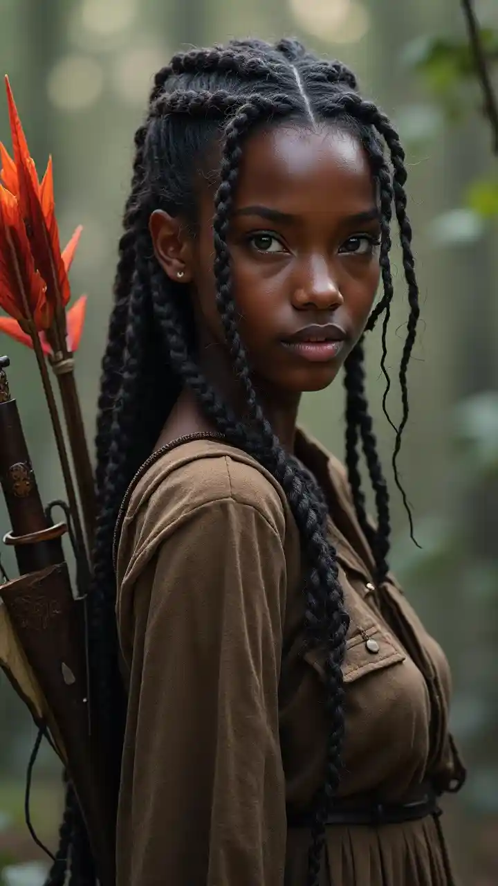 A Dark Brown Fantasy Hunter with Fiery Arrows