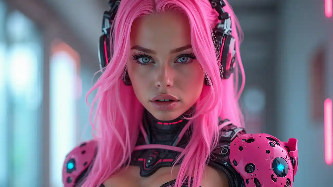 Captivating Portrait of a Stunning Cybernetic Female in Pink Armor