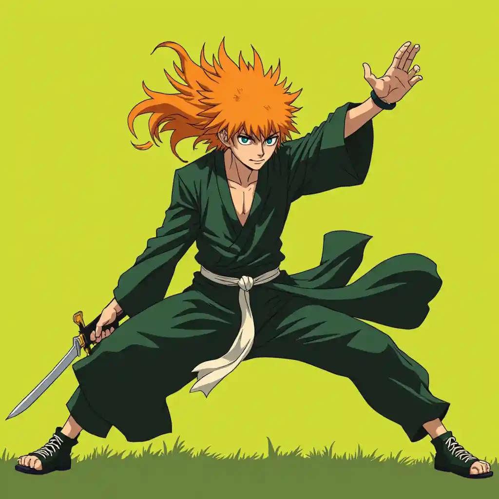 Minimalist Art of Ichigo Kurosaki in Dynamic Fighting Pose