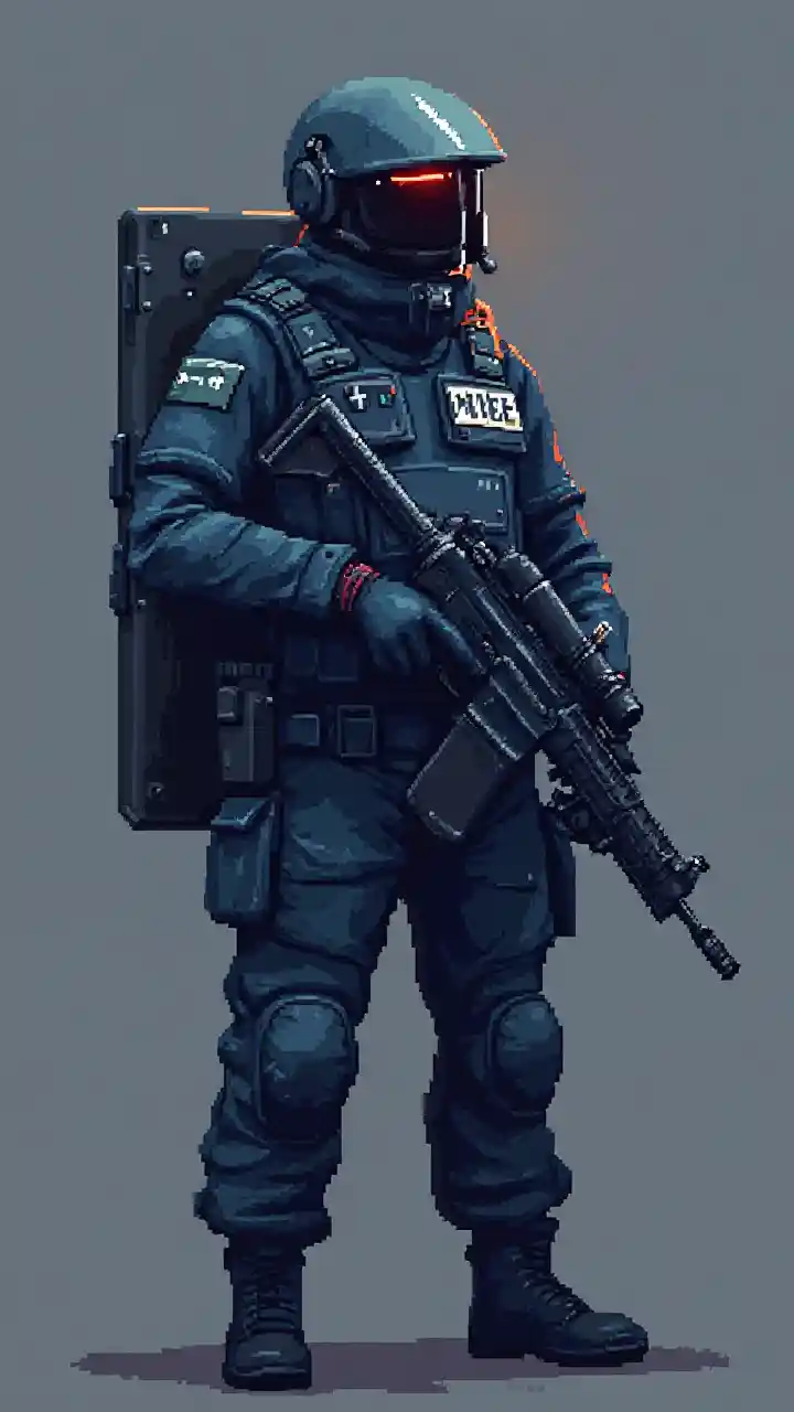 تصميم Cyberpunk COP Sprite مع درع مكافحة الشغب والبندقية