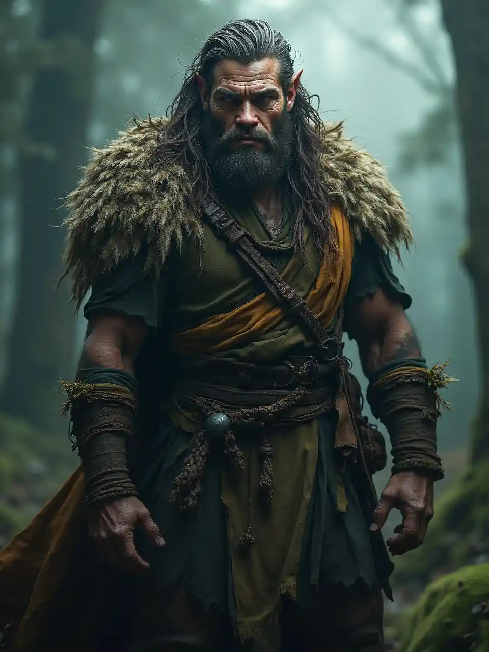 Dramatic Hyper-Realistic Orc Druid Surrounded by Mystical Fog