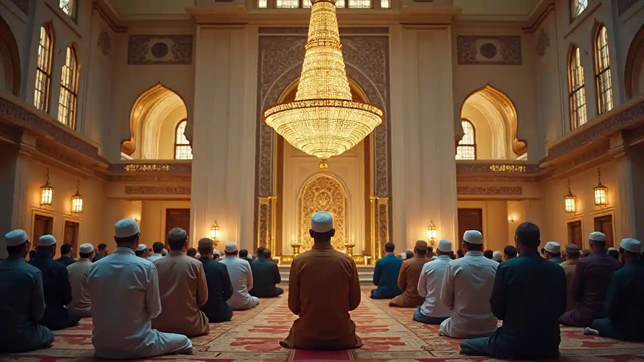 A Beautiful Mosque Filled with Devoted Muslim Prayers