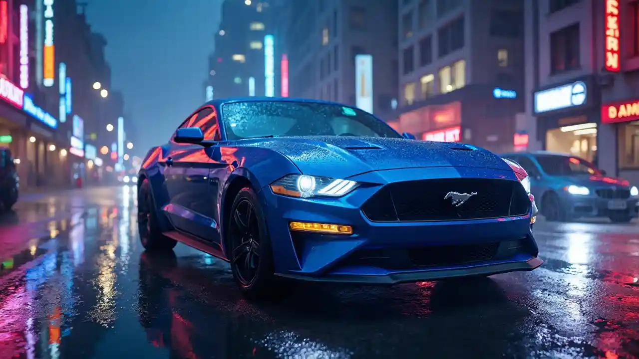 A Stunning Blue Ford Mustang in a Cyberpunk Rainy City