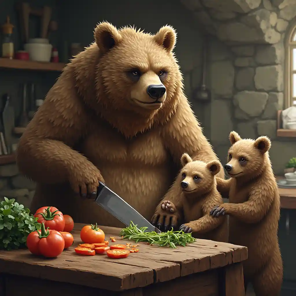A Brave Bear Chef Prepares Dinner in a Cozy Cave Kitchen