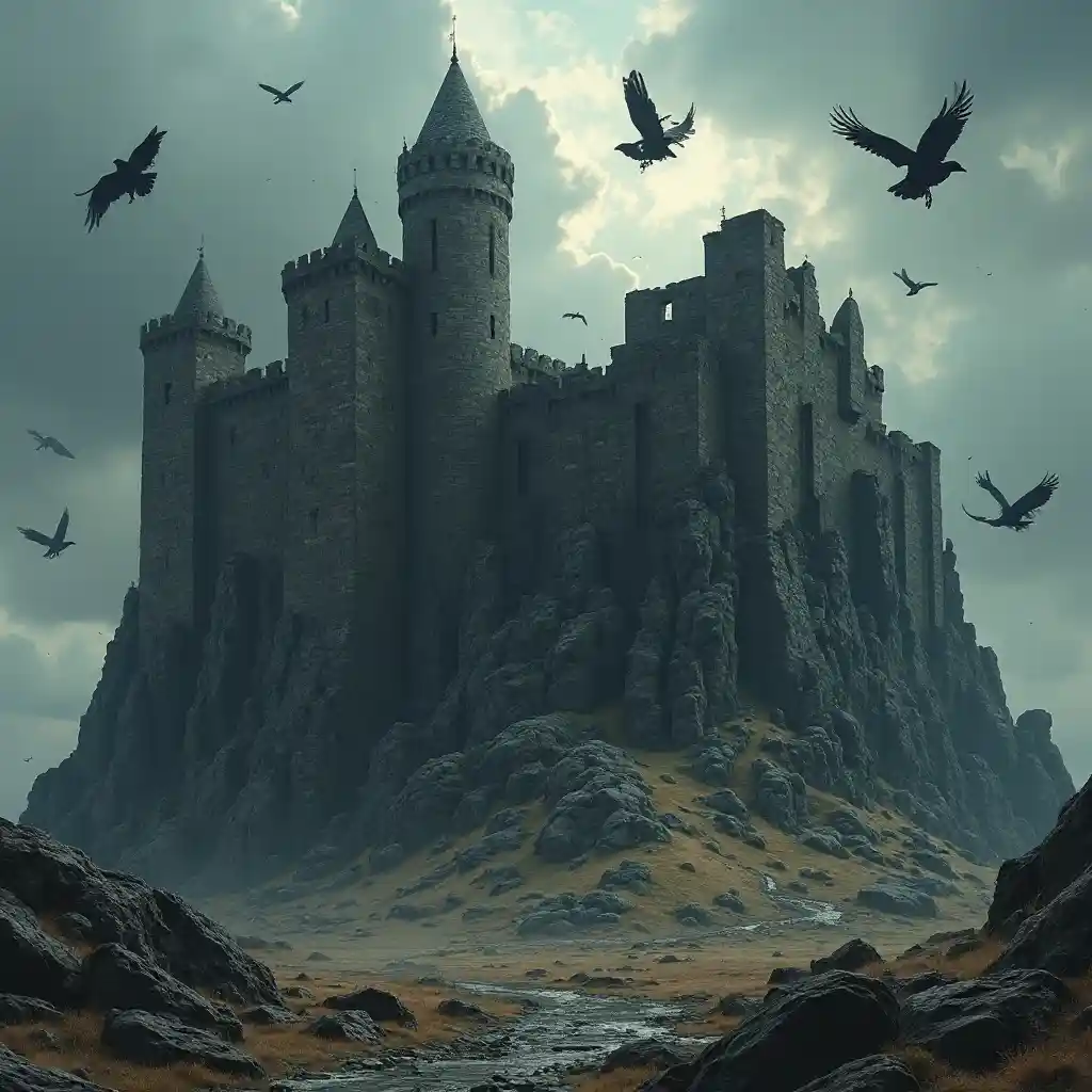 Mysterious Fortress Enveloped by Dark Clouds and Ravens