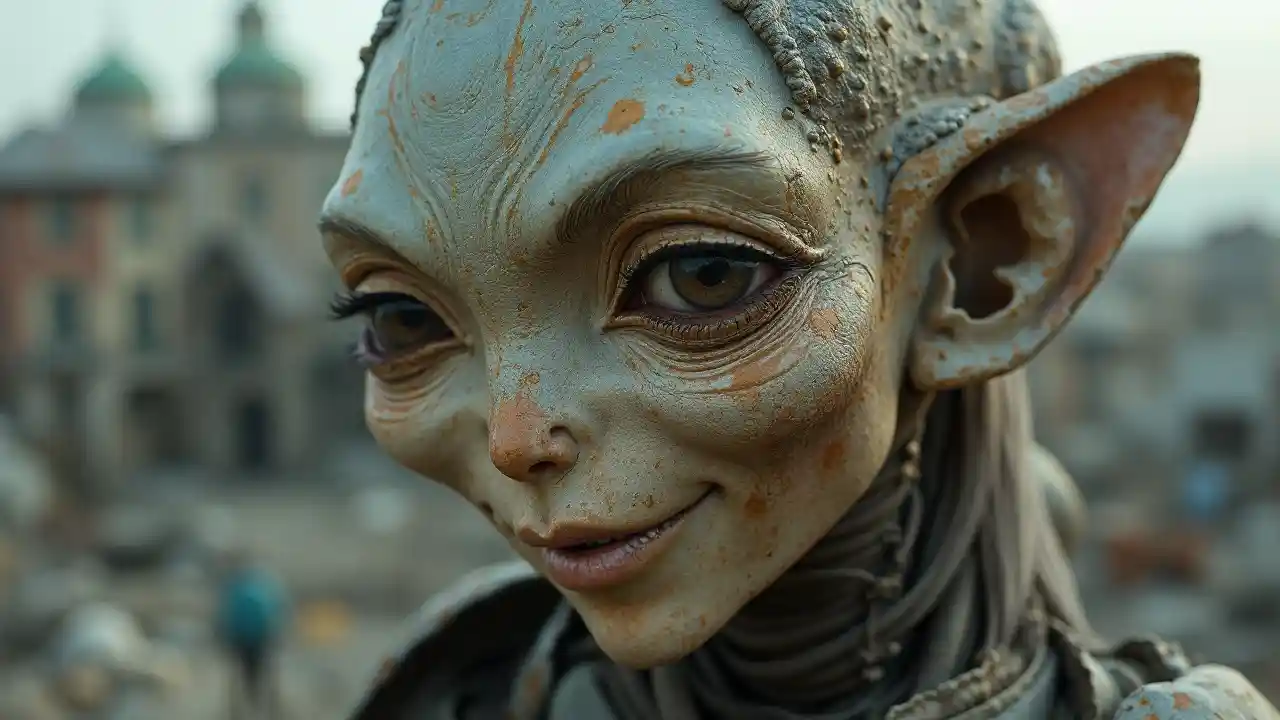 Creative Close-Up Portrait of an Alien Girl in Ruins