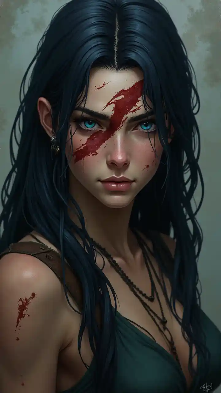 The Fierce Female Half-Orc Fighter with a Distinct Scar