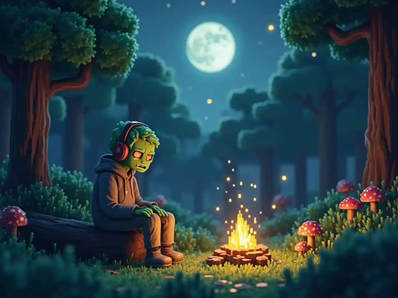 A Cozy Lofi Minecraft Zombie Relaxing in a Night Forest