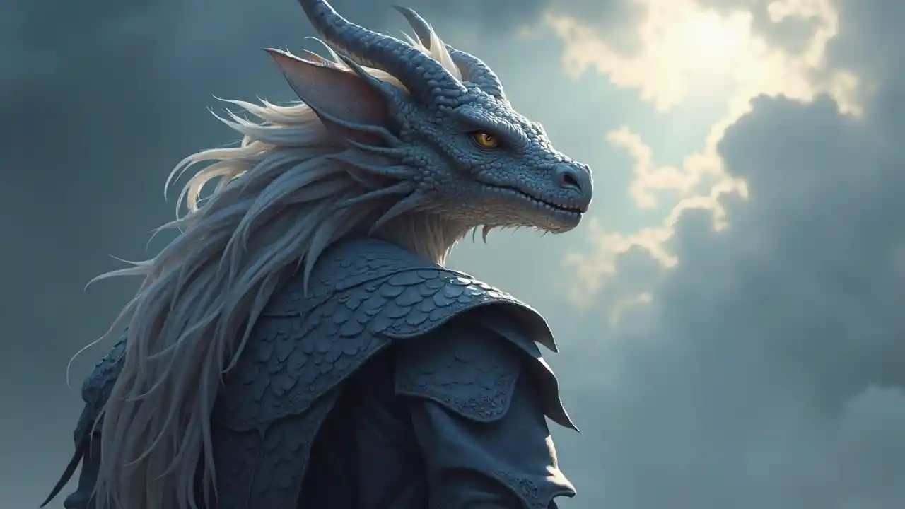 Dynamic DnD Dragonborn Character with Navy Scales and Silver Hair