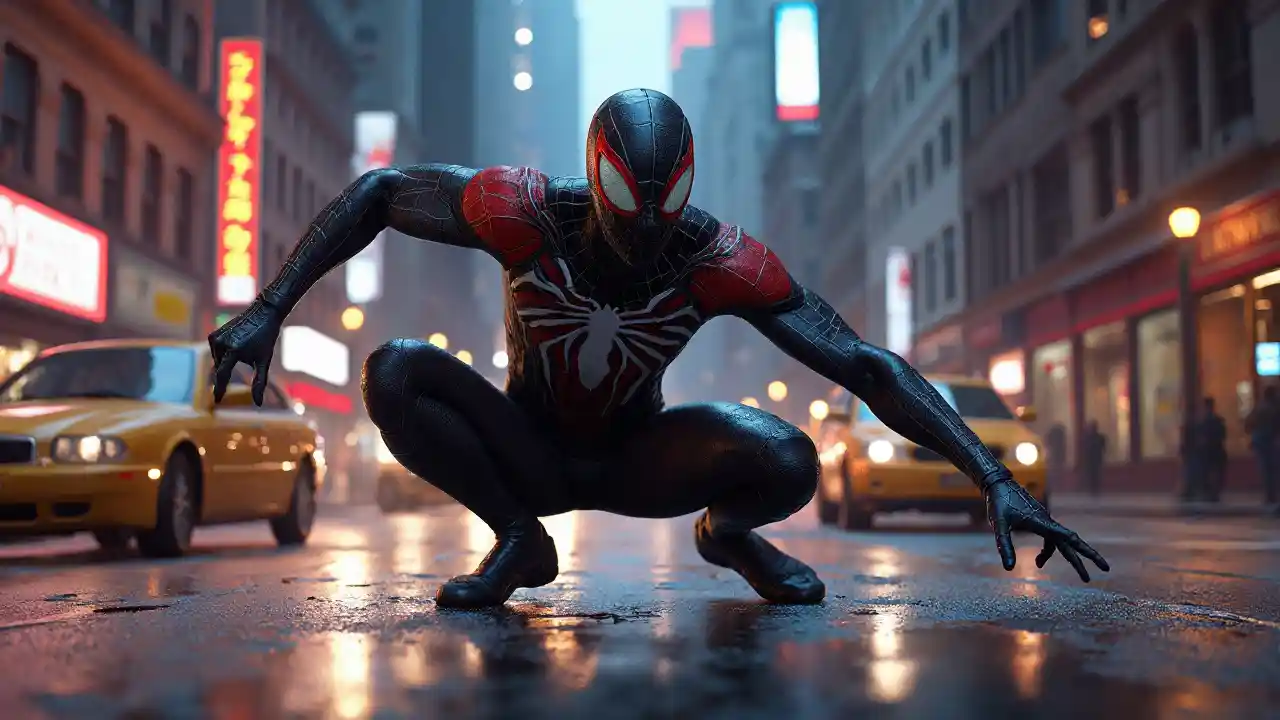 Spectacular Spider-Man in Venom Suit Amidst Bustling New York City