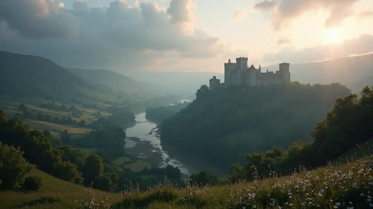 A Dreamy Medieval Countryside Landscape with Majestic Castle