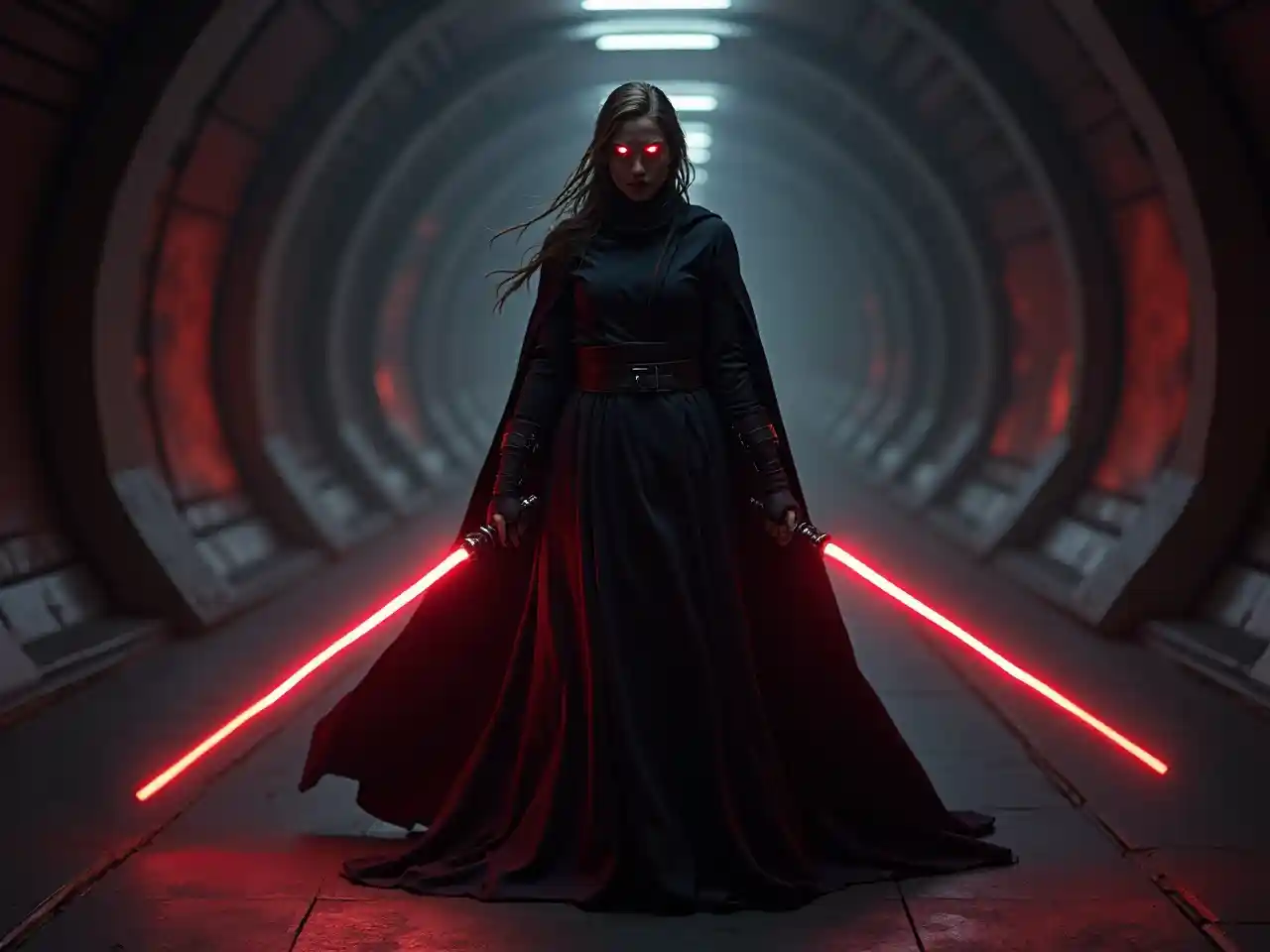 A Fearsome Sith Lord in Dimly Lit Hallway of Spaceship