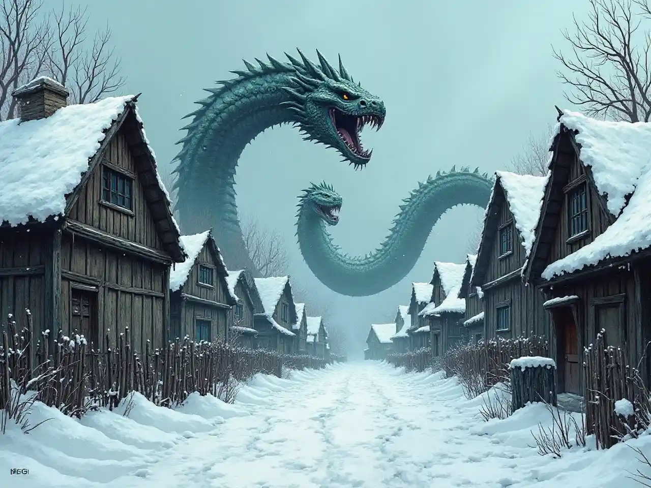 A Gritty Dark Fantasy Horror Illustration of a Two-Headed Hydra