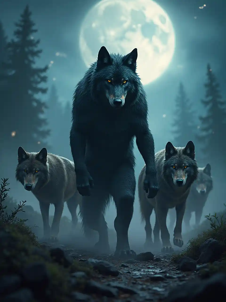 Fearsome Werewolf Standing Guard Over His Pack