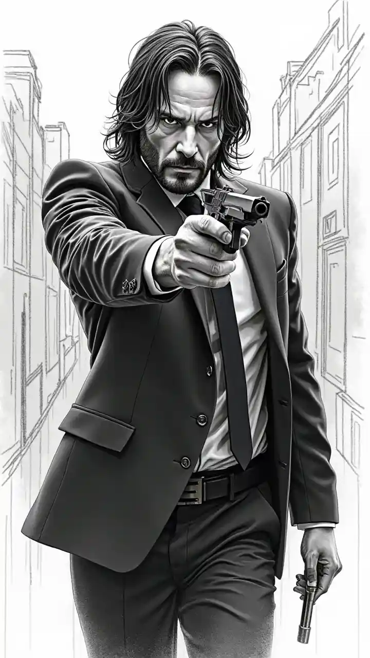 Dynamic Pencil Sketch of Keanu Reeves as John Wick