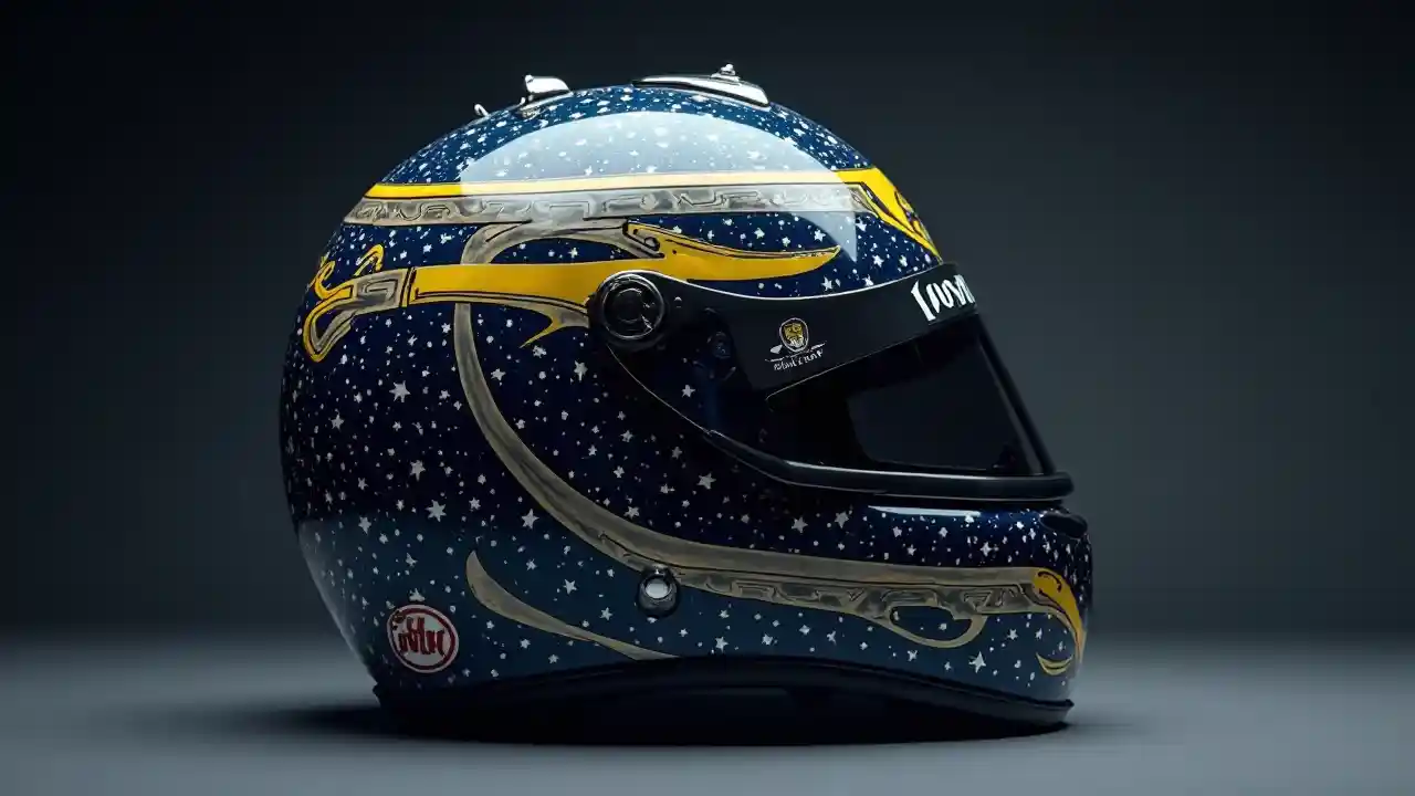 Dark Blue F1 Helmet with Stars and Yellow Stripes