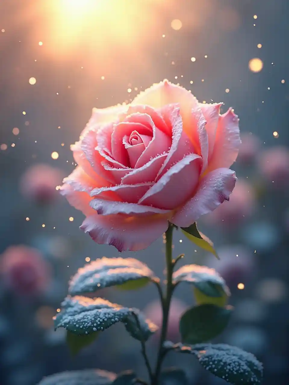 Enchanting Snowflakes and Pink Roses in Morning Light