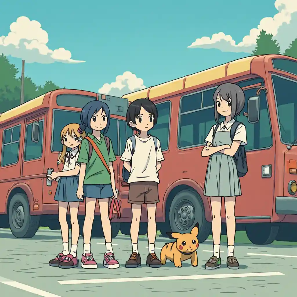 Teenage School Kids and Their Pokémon Buddies at the Bus Stop