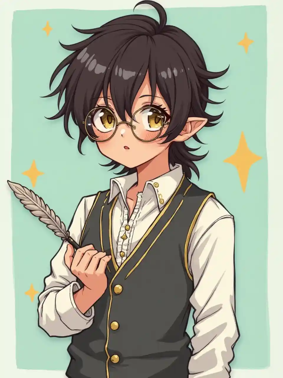 Dynamic Anime Illustration of a Boy with Quill and Glasses