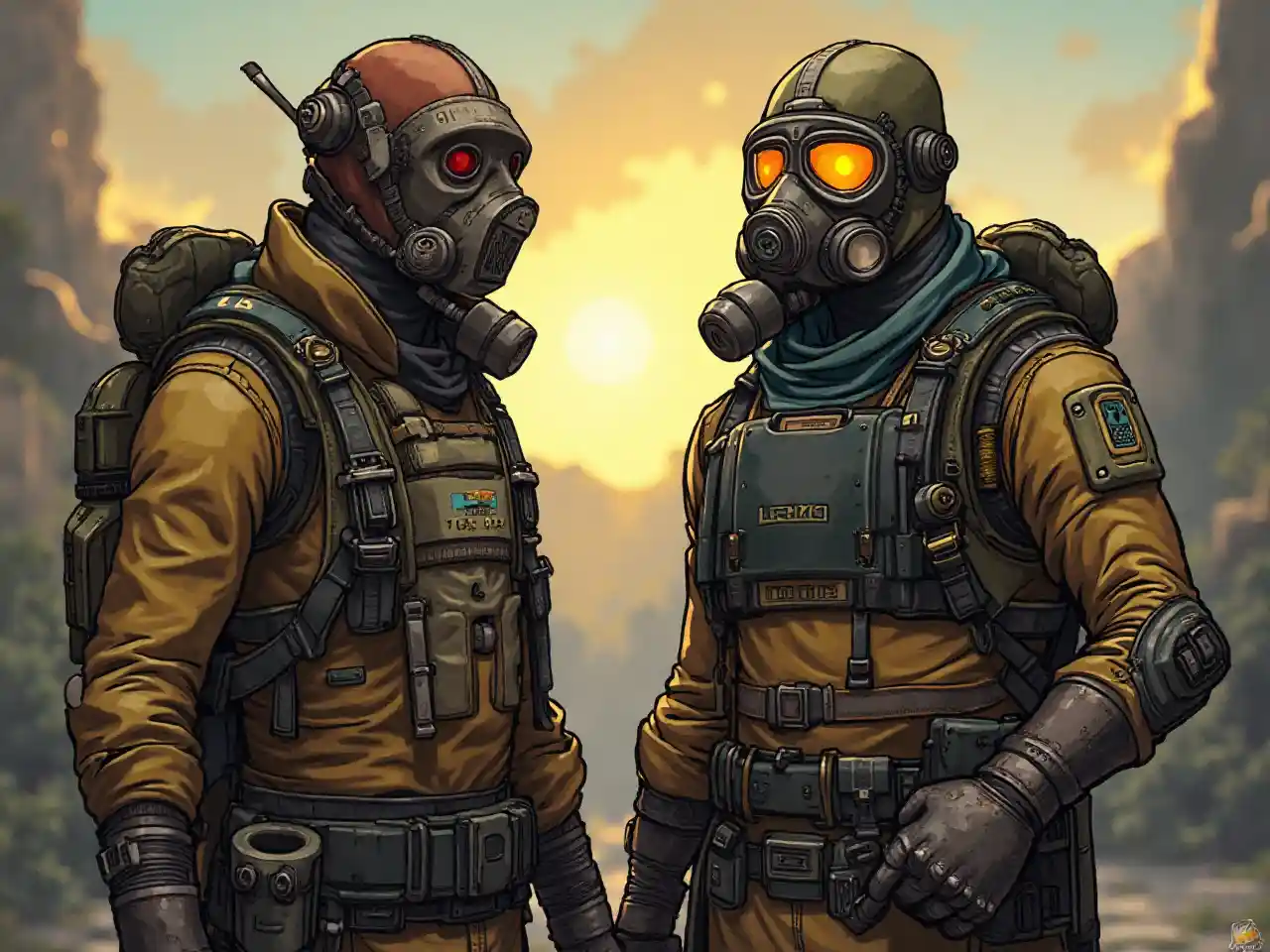 Two Males in Gas Masks Inspired by Borderlands Style