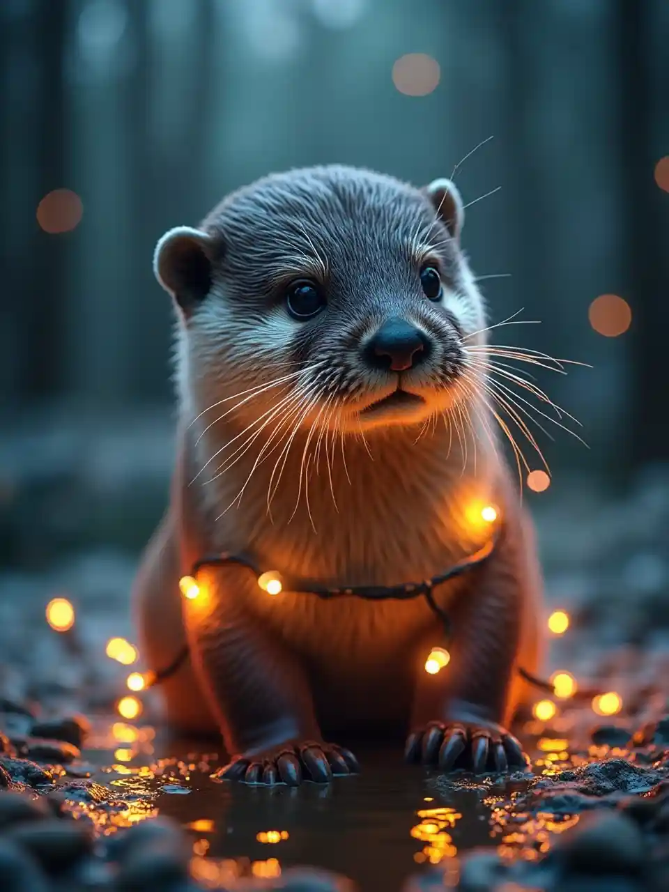 A Dreamy and Abstract Otter Surrounded by Christmas Lights
