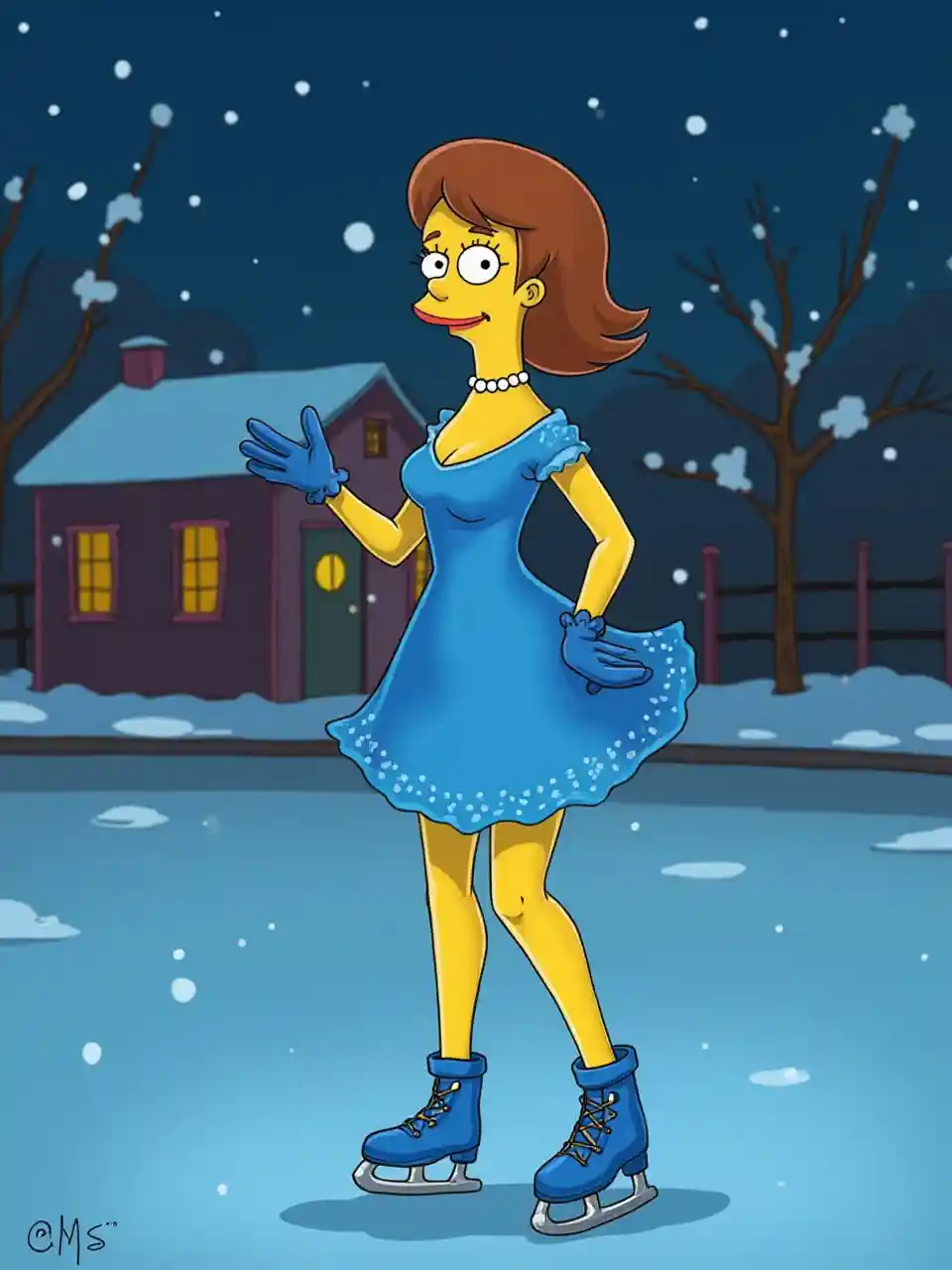 A Simpsons Style Woman Ice Skating in the Snow