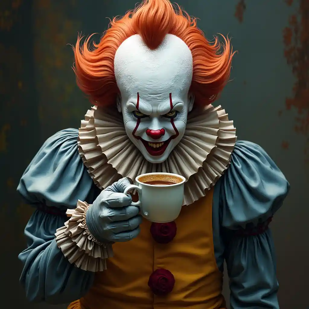 High Realism Artwork Featuring Pennywise the Clown with Coffee