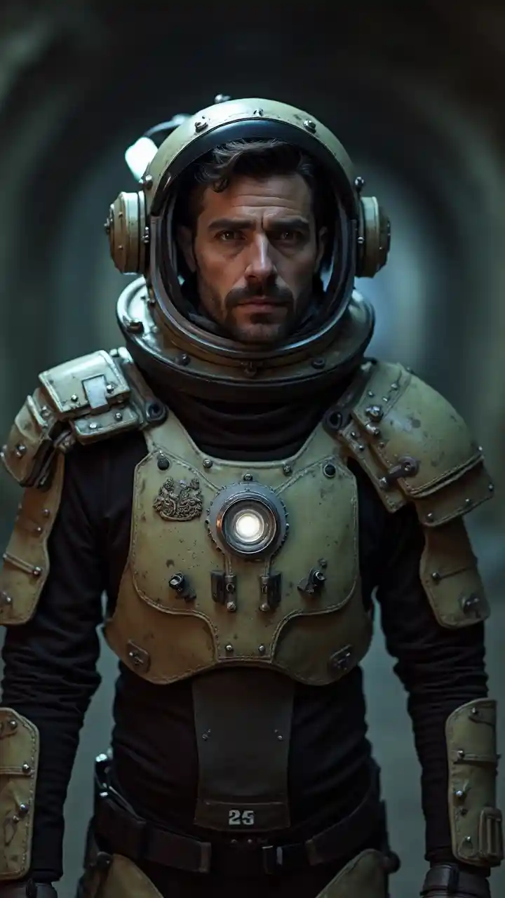 Intriguing Armored Astronaut Portrait in Dark Tunnel