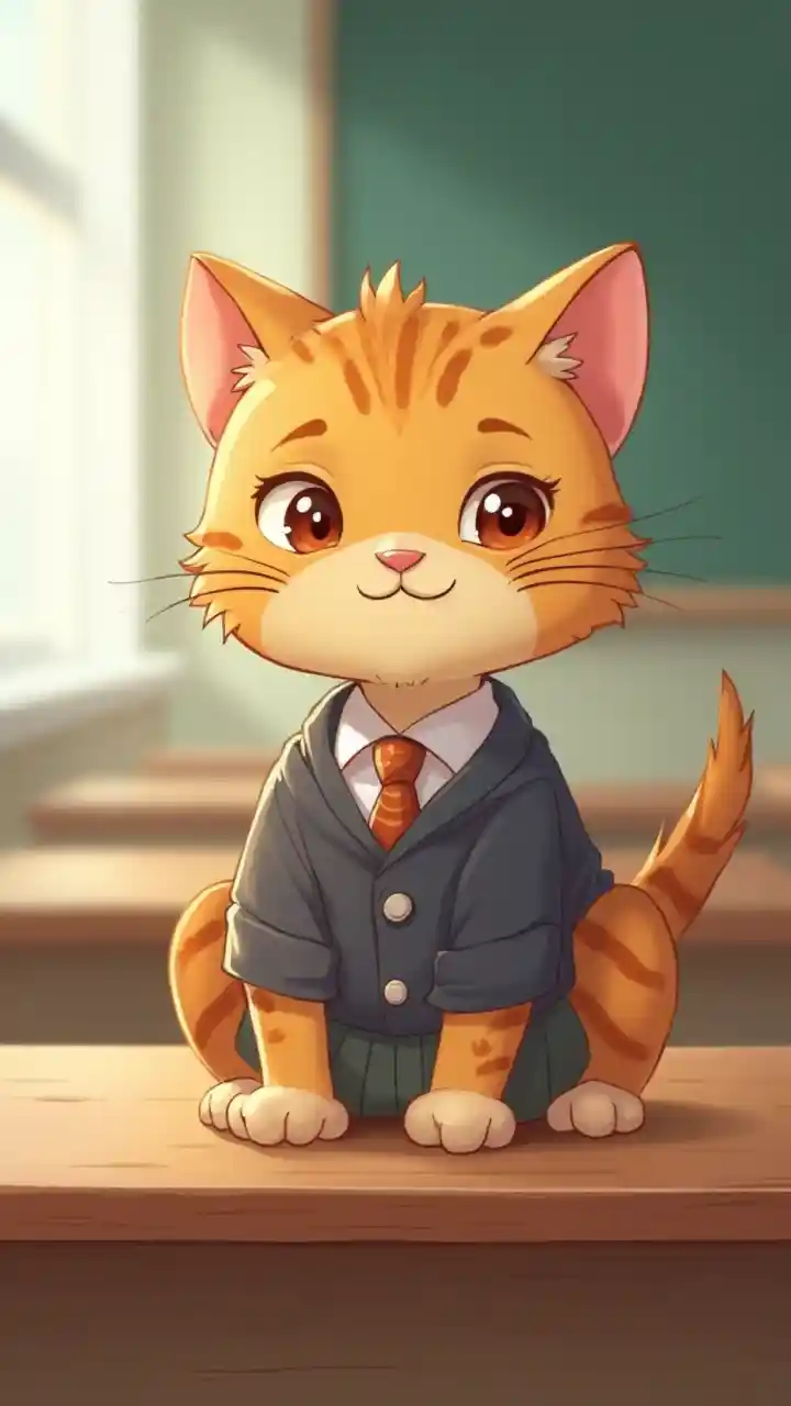 Adorable Orange Tabby Cat Character in School Uniform
