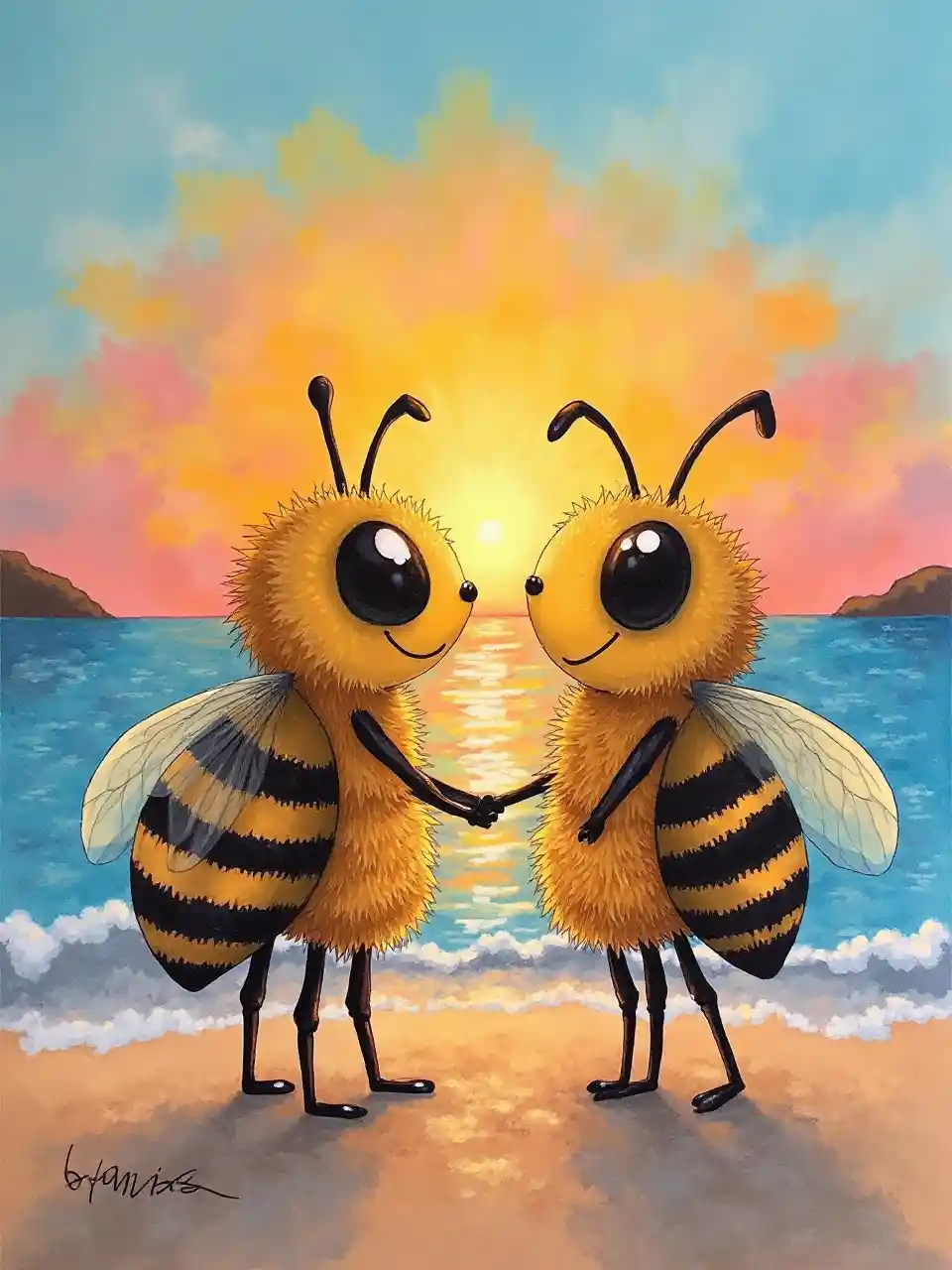 Two Bees Enjoying a Beautiful Sunset at the Beach