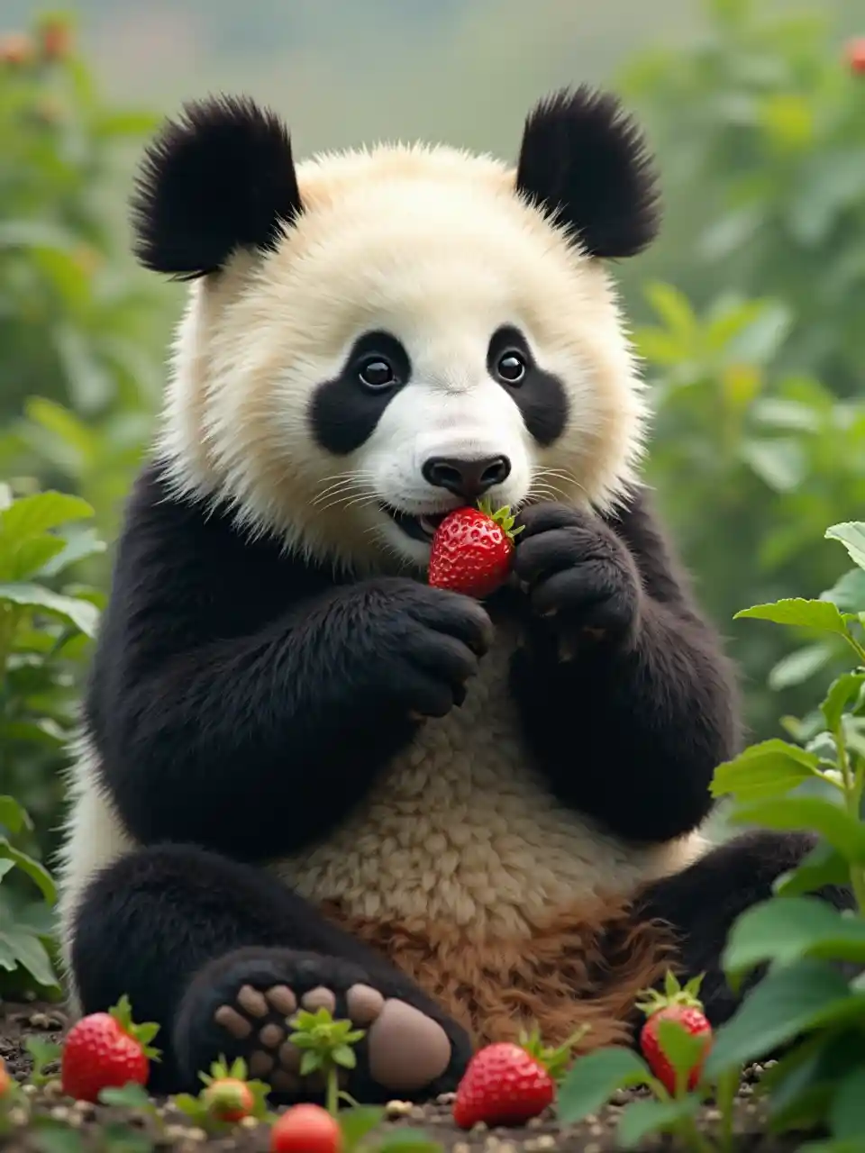 Panda Enjoying Strawberries in a Vibrant Field