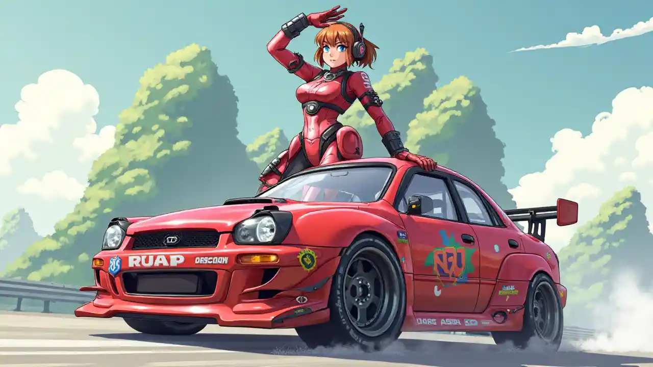 Stylized Mecha Character Racing with a Red Car