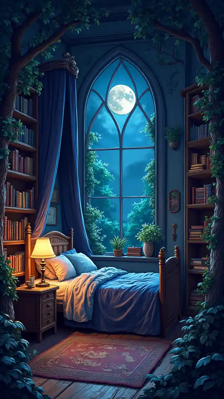 A Magical Nighttime Fantasy Bedroom Library Scene