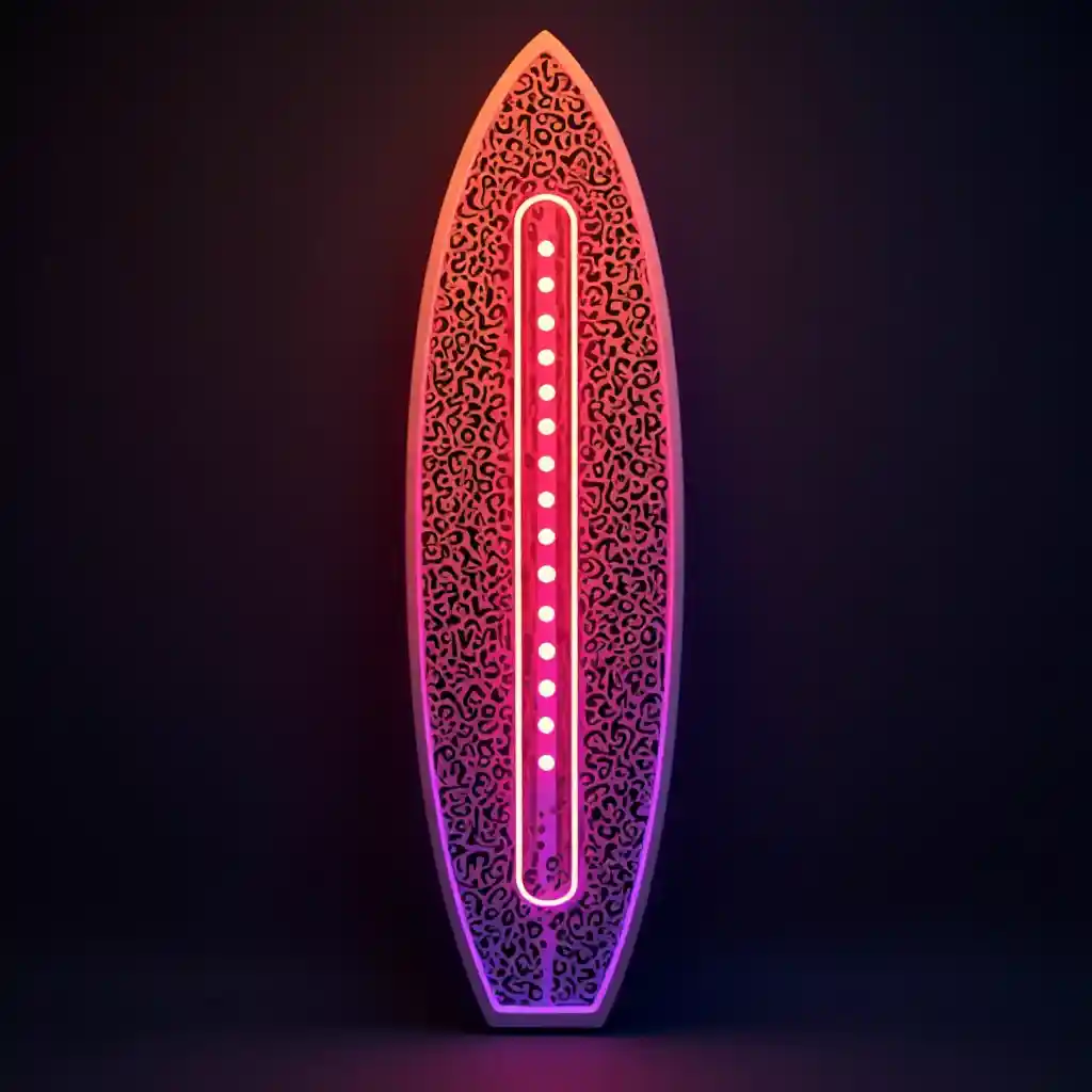 Vibrant Abstract Surfboard with Neon Accents and Patterns
