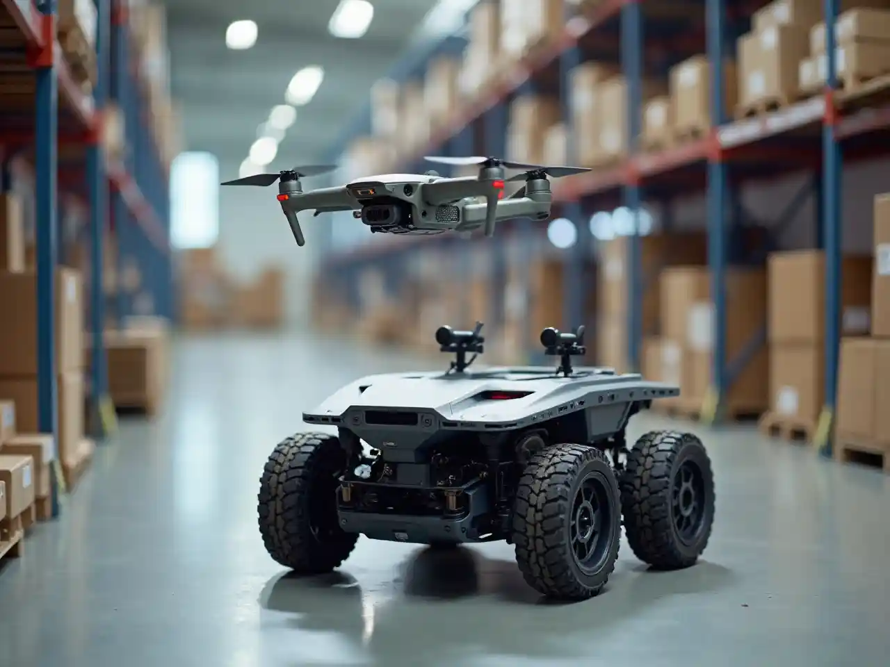 Innovative Ground Mobile Robot with Drone Docking Station in Warehouses