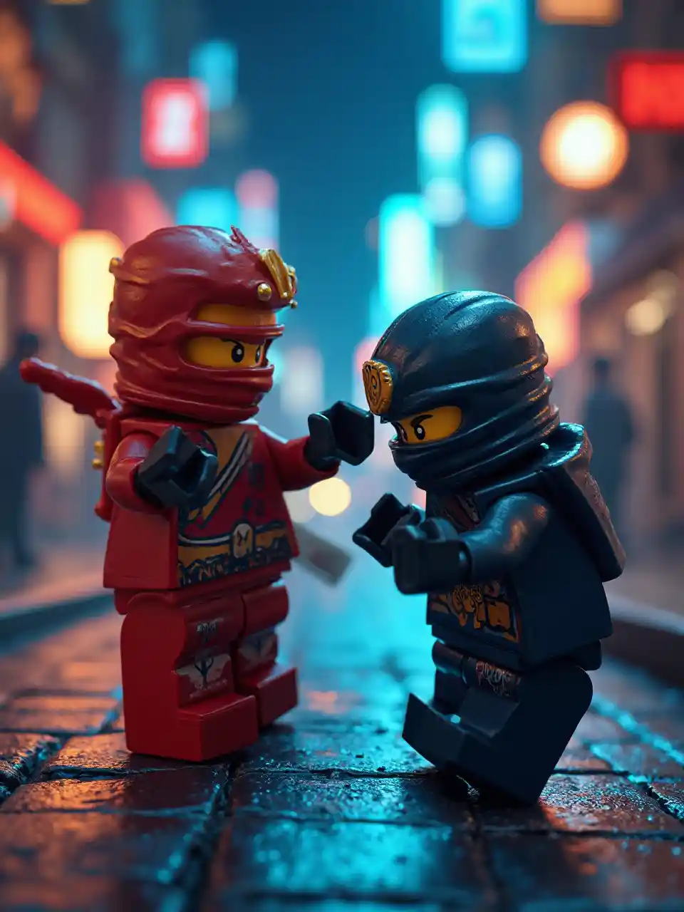 Dynamic Battle of Lego Ninjas in Neon City Streets